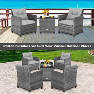 Tangkula 3 Pieces Patio Furniture Set, Outdoor PE Rattan Conversation Chair Set with Tempered Glass Side Table and Removable Cushions, PE Wicker Chairs and Table Set for Porch, Balcony and Garden