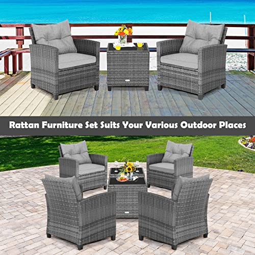 Tangkula 3 Pieces Patio Furniture Set, Outdoor PE Rattan Conversation Chair Set with Tempered Glass Side Table and Removable Cushions, PE Wicker Chairs and Table Set for Porch, Balcony and Garden