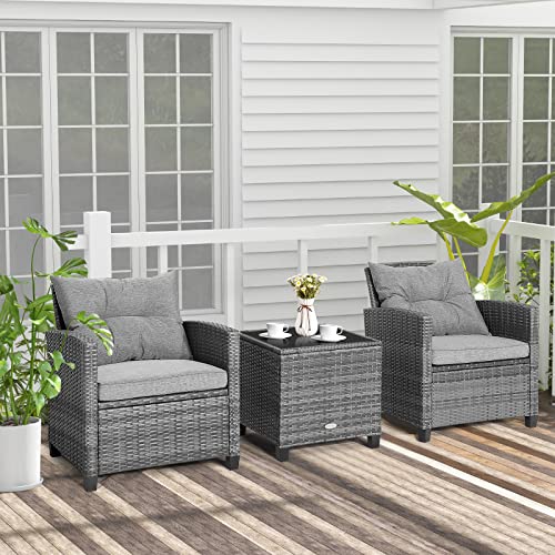 Tangkula 3 Pieces Patio Furniture Set, Outdoor PE Rattan Conversation Chair Set with Tempered Glass Side Table and Removable Cushions, PE Wicker Chairs and Table Set for Porch, Balcony and Garden