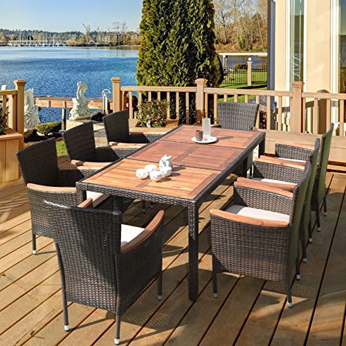 ALIDAM Patio Set Furniture Set 9PCS Rattan Dining Set 8 Stackable Chairs Cushioned Acacia Wood Table Top Is Good For Outdoor Relaxation And Dining Party For Family And Friends Outdoor Garden Furniture