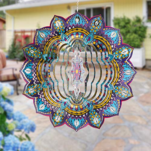 Exhart 3D Mandala Wind Spinner – Laser Cut Metal Mandala Art Hanging Décor w/Crystal Accent Beads –Starburst Décor, Hanging Wind Spinner, 3D Metal Art, Indoor/Outdoor Decor, 12 Inches