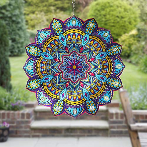 Exhart 3D Mandala Wind Spinner – Laser Cut Metal Mandala Art Hanging Décor w/Crystal Accent Beads –Starburst Décor, Hanging Wind Spinner, 3D Metal Art, Indoor/Outdoor Decor, 12 Inches