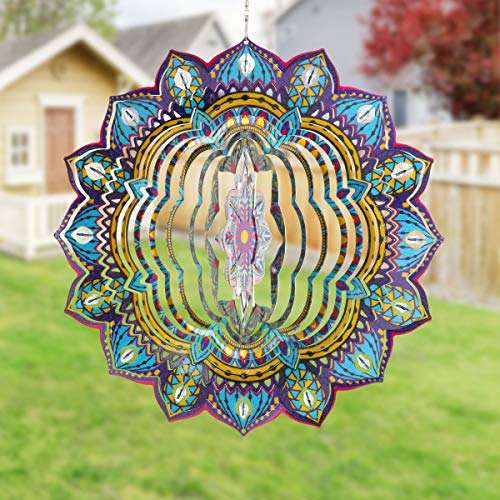 Exhart 3D Mandala Wind Spinner – Laser Cut Metal Mandala Art Hanging Décor w/Crystal Accent Beads –Starburst Décor, Hanging Wind Spinner, 3D Metal Art, Indoor/Outdoor Decor, 12 Inches