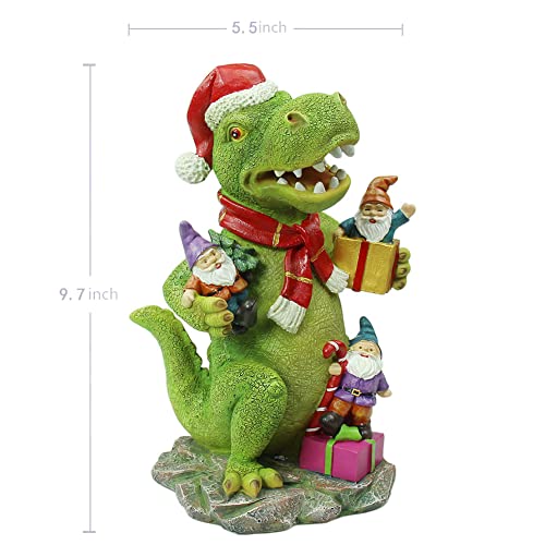 IFUNEYS Garden Gnome Statue, Christmas T Rex Dinosaur Statue Figurine Ornament, 10” Dinosaur Gnomes Outdoor Garden Christmas Decorations