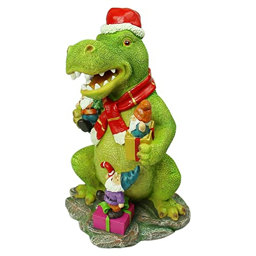 IFUNEYS Garden Gnome Statue, Christmas T Rex Dinosaur Statue Figurine Ornament, 10” Dinosaur Gnomes Outdoor Garden Christmas Decorations