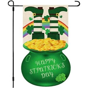 whaline st. patrick’s day garden flag 12.8×18.8″ green gold coin pot yard flag double-sided irish leprechauns shamrock clover burlap house flag farmhouse outdoor flag for home yard holiday party decor