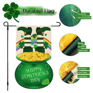 Whaline St. Patrick's Day Garden Flag 12.8x18.8" Green Gold Coin Pot Yard Flag Double-Sided Irish Leprechauns Shamrock Clover Burlap House Flag Farmhouse Outdoor Flag for Home Yard Holiday Party Decor