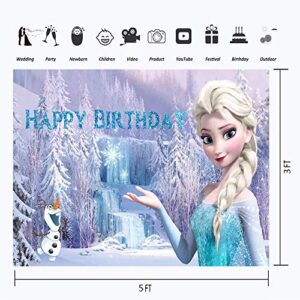 YouRan Happy Birthday Backdrop for Girls Toddler 5x3 Winter Onederland Princess Elsa Background for Kids One Year Old Snow Olaf 1st Birthday Backdrops for Party