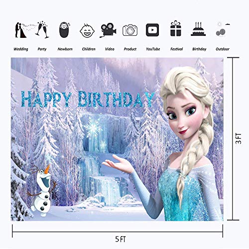 YouRan Happy Birthday Backdrop for Girls Toddler 5x3 Winter Onederland Princess Elsa Background for Kids One Year Old Snow Olaf 1st Birthday Backdrops for Party