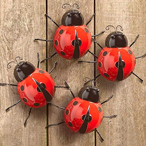 Metal Ladybugs Garden Wall Art Decor Cute Handmade Ladybugs for Christmas Backyard Garden Lawn Porch Outdoor Decoration with Red and Black Spots Easy Hanging Yard Wall Ornament Set of 4