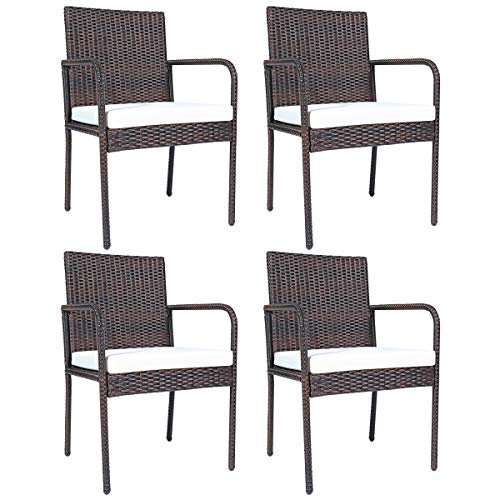 HAPPYGRILL 4 Pieces Patio Dining Chairs Rattan Wicker Chairs with Padded Sponge Cushion, Lightweight Dining Chairs with High Back Curved Armrests for Garden Poolside Lawn Backyard