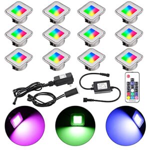 yzgwzld recessed led decking in-groung lights kits,12 pack rgb multi-color square outdoor/indoor led decor light with remote control ip67 waterproof,low voltage for garden yard steps stair patio