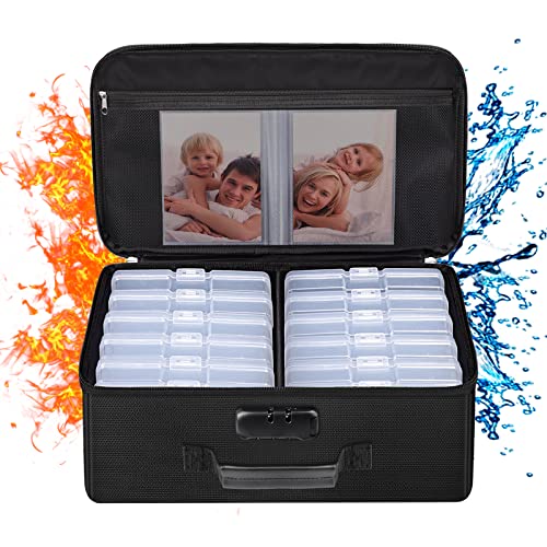 ENGPOW Fireproof Photo Storage Box with 12 Inner 4" x 6" Photo Case(Clear), Photo Box Organizer with Lock,Collapsible Portable Photo Storage Containers with Handle for Photos,Picture,Valuables