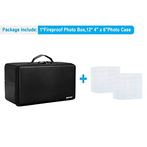 ENGPOW Fireproof Photo Storage Box with 12 Inner 4" x 6" Photo Case(Clear), Photo Box Organizer with Lock,Collapsible Portable Photo Storage Containers with Handle for Photos,Picture,Valuables