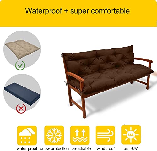 RUFXIEZW Outdoor Bench Cushion, Soft Garden Bench Cushions with Backrest and Ties Non-Slip Bench Pads Waterproof Recliner Replacement Mat for Garden Porch Furniture Patio Pad (Brown 59.0 in*39.7 in)