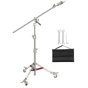 neewer pro 100% stainless steel c stand light stand with casters, max. height 14.4ft/440cm with 7ft/218cm cross-bar and empty sandbag for photography studio reflector, monolight and other equipment