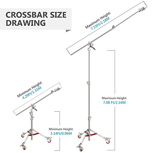 Neewer Pro 100% Stainless Steel C Stand Light Stand with Casters, Max. Height 14.4ft/440cm with 7ft/218cm Cross-Bar and Empty Sandbag for Photography Studio Reflector, Monolight and Other Equipment