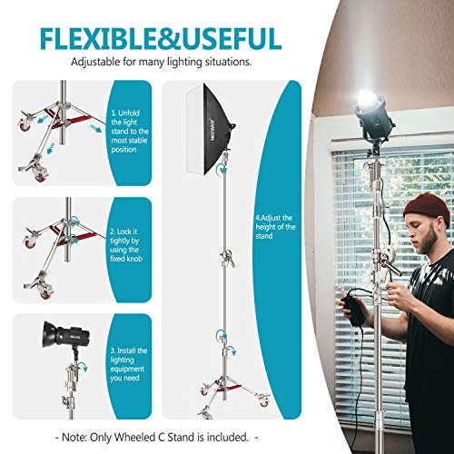 Neewer Pro 100% Stainless Steel C Stand Light Stand with Casters, Max. Height 14.4ft/440cm with 7ft/218cm Cross-Bar and Empty Sandbag for Photography Studio Reflector, Monolight and Other Equipment