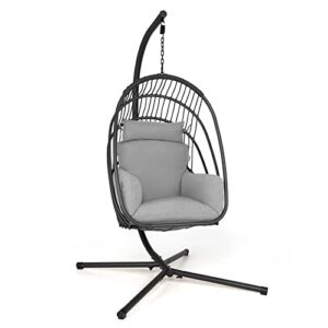 giantex egg chair hammock stand – hanging swing with stand, folding swinging chair with soft cushion & pillow, wicker rattan hanging chair for bedroom,garden, patio foldable hammock chair (grey)