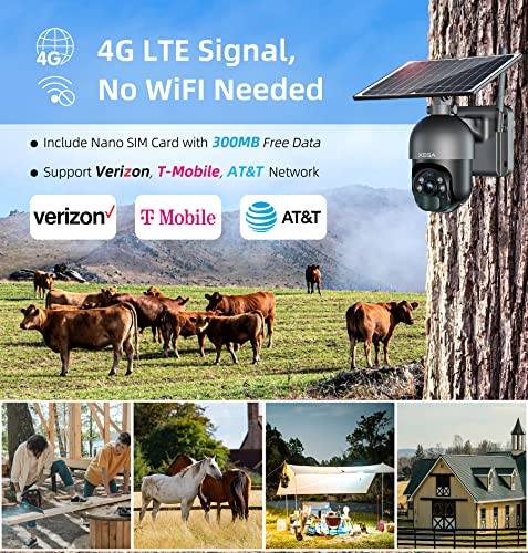 Xega 4G LTE Cellular Security Camera Outdoor Solar Camera Wireless, 2K HD Color Night Vision PTZ 360° View, Smart PIR Motion Detection, 2 Way Talk, No WiFi, SIM Card Included, IP66 - US Version