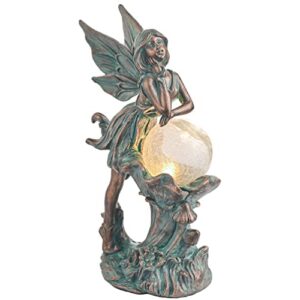 teresa’s collections solar garden fairy statue, outdoor patina bronze fairy sculptures with crackle glass, garden figurines lawn ornaments garden art for balcony patio yard decor 12.4 inch