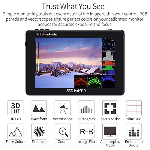 FEELWORLD LUT7 7 Inch Ultra Bright 2200nit Touch Screen Camera DSLR Field Monitor with 3D Lut Waveform Vectorscope Automatic Light Sensor 1920x1200 Video Assist 4K HDMI Input 8.4V DC Output Tilt Arm