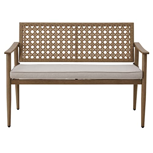 Grand patio Outdoor Bench, Wicker Rattan Garden Benches with Cushion, Patio Loveseat for Front Porch Backyard Outside Furniture Decor (Beige Cushion, Wicker Rattan)