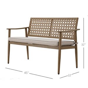 Grand patio Outdoor Bench, Wicker Rattan Garden Benches with Cushion, Patio Loveseat for Front Porch Backyard Outside Furniture Decor (Beige Cushion, Wicker Rattan)