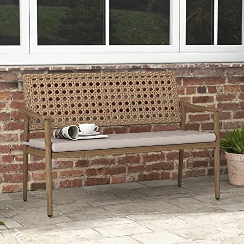 Grand patio Outdoor Bench, Wicker Rattan Garden Benches with Cushion, Patio Loveseat for Front Porch Backyard Outside Furniture Decor (Beige Cushion, Wicker Rattan)