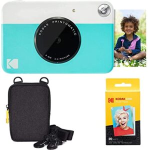 kodak printomatic instant camera (blue) basic bundle + zink paper (20 sheets) + deluxe case