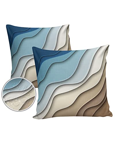 Waterproof Outdoor Throw Pillow Cover Blue Modern Geometric Lumbar Pillowcases Set of 2 Brown Abstract Decorative Patio Furniture Pillows for Couch Garden 18 x 18 Inches