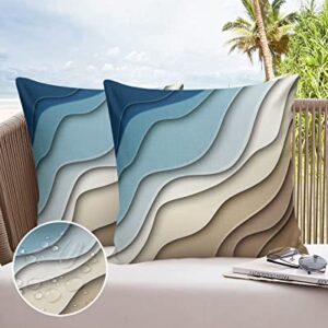 Waterproof Outdoor Throw Pillow Cover Blue Modern Geometric Lumbar Pillowcases Set of 2 Brown Abstract Decorative Patio Furniture Pillows for Couch Garden 18 x 18 Inches