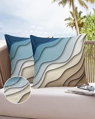 Waterproof Outdoor Throw Pillow Cover Blue Modern Geometric Lumbar Pillowcases Set of 2 Brown Abstract Decorative Patio Furniture Pillows for Couch Garden 18 x 18 Inches