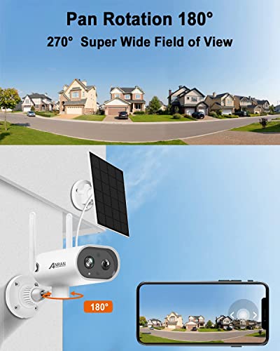 ANRAN Security Cameras Wireless Outdoor with PR 180°, 2K Solar Security Camera Outdoor with Solar Panel, PIR Human Detection, 2-Way Talk, Night Vision, IP65 Waterproof, Compatible with Alexa, S2 White