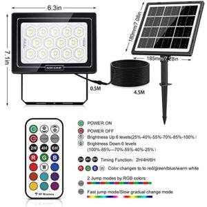 MEIKEE RGBW Solar Flood Light Outdoor with Remote, RGB Color Changing 2700K IP66 Waterproof LED Solar Powered Lights, Dimmable Timing Strobe Halloween Floodlight Landscape Light for Patio Party Garden