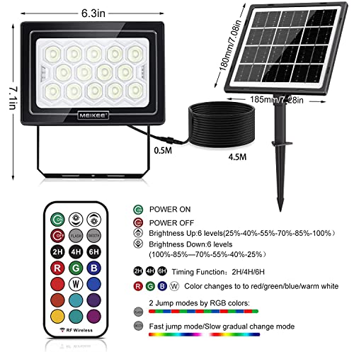 MEIKEE RGBW Solar Flood Light Outdoor with Remote, RGB Color Changing 2700K IP66 Waterproof LED Solar Powered Lights, Dimmable Timing Strobe Halloween Floodlight Landscape Light for Patio Party Garden