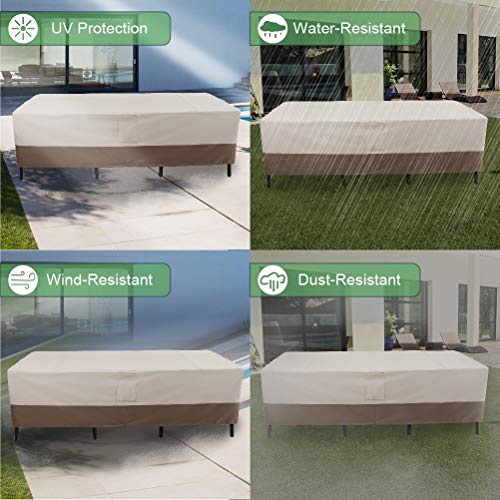 PHI VILLA Patio Table Set Covers Waterproof, Outdoor Dining Table and Chair Cover with Pop-up Supporter, Extra Large Rectangular Heavy Duty Patio Cover 129"L X 83"W X 23"H, Beige & Brown