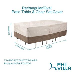 PHI VILLA Patio Table Set Covers Waterproof, Outdoor Dining Table and Chair Cover with Pop-up Supporter, Extra Large Rectangular Heavy Duty Patio Cover 129"L X 83"W X 23"H, Beige & Brown