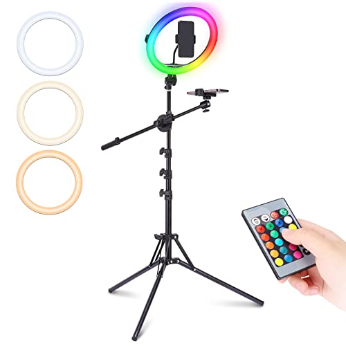 ULANZI Overhead 11" RGB Selfie Ring Light with Stand & Phone Holder, 68" Extendable Light Stand Kit w/ Overhead Arm, 3200k-6500K Dimmable Light for Video Recording, Live Streaming, Portrait & Makeup