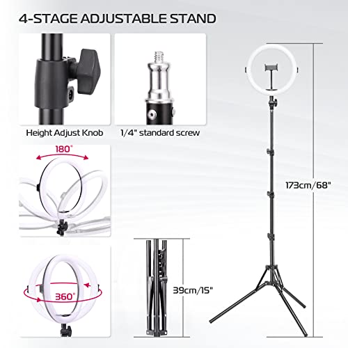 ULANZI Overhead 11" RGB Selfie Ring Light with Stand & Phone Holder, 68" Extendable Light Stand Kit w/ Overhead Arm, 3200k-6500K Dimmable Light for Video Recording, Live Streaming, Portrait & Makeup