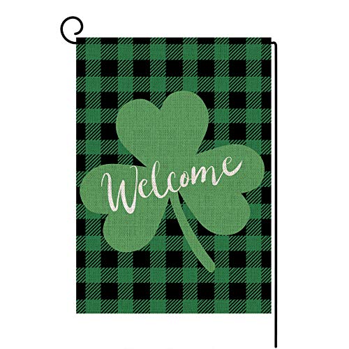 St. Patrick's Day Garden Flag Vertical Double Sided Buffalo Plaid Burlap Shamrock Garden Flag, St Patricks Day Holiday Yard Home Outdoor Decoration 12.5 x 18 Inch