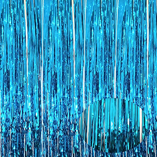 3 Pack 3.2ft x 8.2ft Light Blue Metallic Tinsel Curtains Summer Under The Sea Party Photo Backdrop Foil Fringe Curtains Photo Booth Props for Birthday Party,Bridal Shower,Ocean Party Decorations