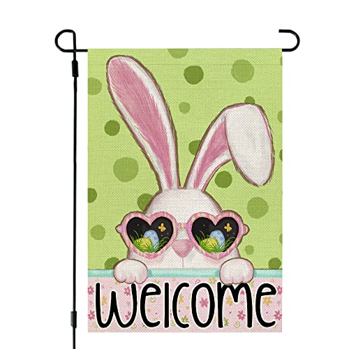 CROWNED BEAUTY Easter Bunny Garden Flag 12x18 Inch Double Sided for Outside Burlap Small Polka Dots Floral Welcome Yard Holiday Decoration