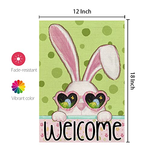 CROWNED BEAUTY Easter Bunny Garden Flag 12x18 Inch Double Sided for Outside Burlap Small Polka Dots Floral Welcome Yard Holiday Decoration