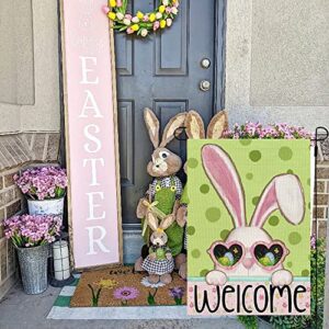 CROWNED BEAUTY Easter Bunny Garden Flag 12x18 Inch Double Sided for Outside Burlap Small Polka Dots Floral Welcome Yard Holiday Decoration