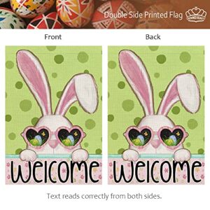 CROWNED BEAUTY Easter Bunny Garden Flag 12x18 Inch Double Sided for Outside Burlap Small Polka Dots Floral Welcome Yard Holiday Decoration