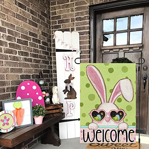 CROWNED BEAUTY Easter Bunny Garden Flag 12x18 Inch Double Sided for Outside Burlap Small Polka Dots Floral Welcome Yard Holiday Decoration