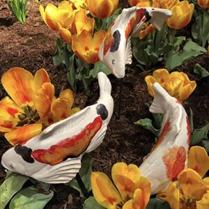 cnpop koi fish decor garden,garden koi fish sculptures ceramic with stake, koi fish garden sculptures, fish statue decor, for outdoor garden lawn pond patio decor ornament (white red)