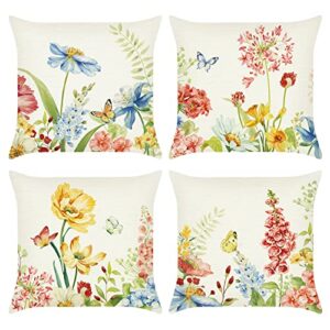 bonhause spring floral throw pillow covers 18×18 set of 4 garden flower decorative pillows case polyester linen cushion covers for couch sofa garden patio decor