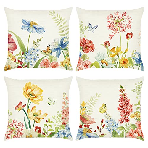 Bonhause Spring Floral Throw Pillow Covers 18x18 Set of 4 Garden Flower Decorative Pillows Case Polyester Linen Cushion Covers for Couch Sofa Garden Patio Decor